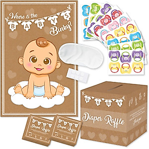 Party Hearty 2 Baby Shower Games, Pin The Pacifier on The Baby Game and 50 Pcs Diaper Raffle Tickets with Box, Bring a Pack of Diapers to Win, Pin The Binky on The Baby