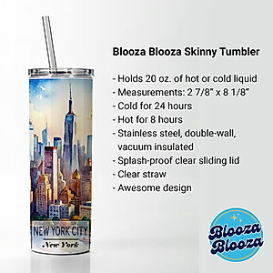 New York City NYC Travel Watercolor Skinny Tumbler 20oz with Straw Insulated Water Bottle Gift