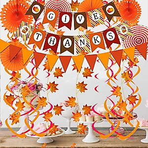 Give Thanks Banner Orange Paper Triangle Flag Bunting Maple Leaf Hanging Garland and Paper Fan Flower Swirl Streamers for Thanksgiving Theme Party Decoration