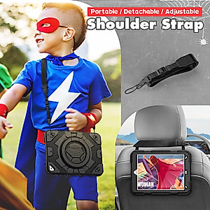 SEYMAC Case for iPad 9th/ 8th/ 7th Generation Case 10.2 Inch 2021/2020/2019, Full-body Shockproof Heavy Duty Protective Case with Screen Protector, Rotating Stand/Handle/Shoulder Strap, Black