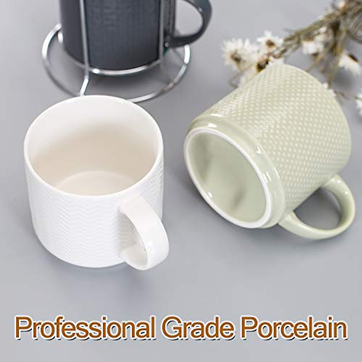 Hasense Stackable Porcelain Coffee Mugs Set of 4 with Metal Stand, 15 Ounce Embossed Cappuccino Cups for Specialty Coffee Drinks and Tea, Multi Color