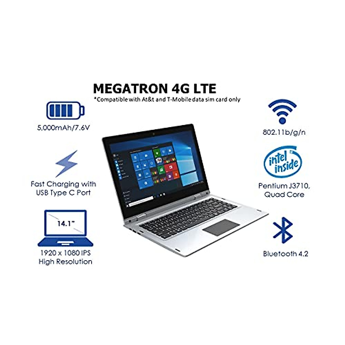 IVIEW Megatron 4G LTE 14.1" Touch Screen, 1920 × 1080 IPS High Resolution, Intel Celeron Dual Core 4GB/64GB Storage 360° Convertible Laptop