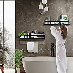 YIHATA Floating Shelf with Towel Wall Shelves,Set of 2 Wood Wall Storage Shelves with Metal Hooks for Kitchen, Bedroom, Bathroom, Office