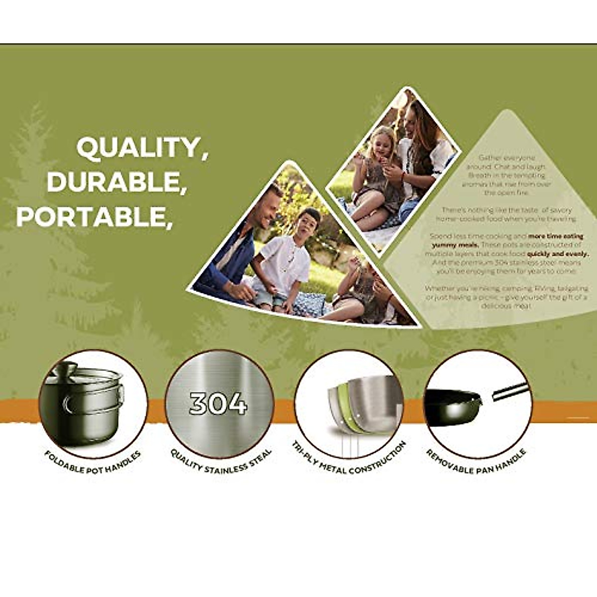 Camping Cookware Set 304 Stainless Steel 8-Piece Pots & Pans Open Fire Cooking Kit | Frying Pan Steamer with Travel Tote Bag | Compact for Outdoors & Indoors Kitchen Campfire Hiking RV