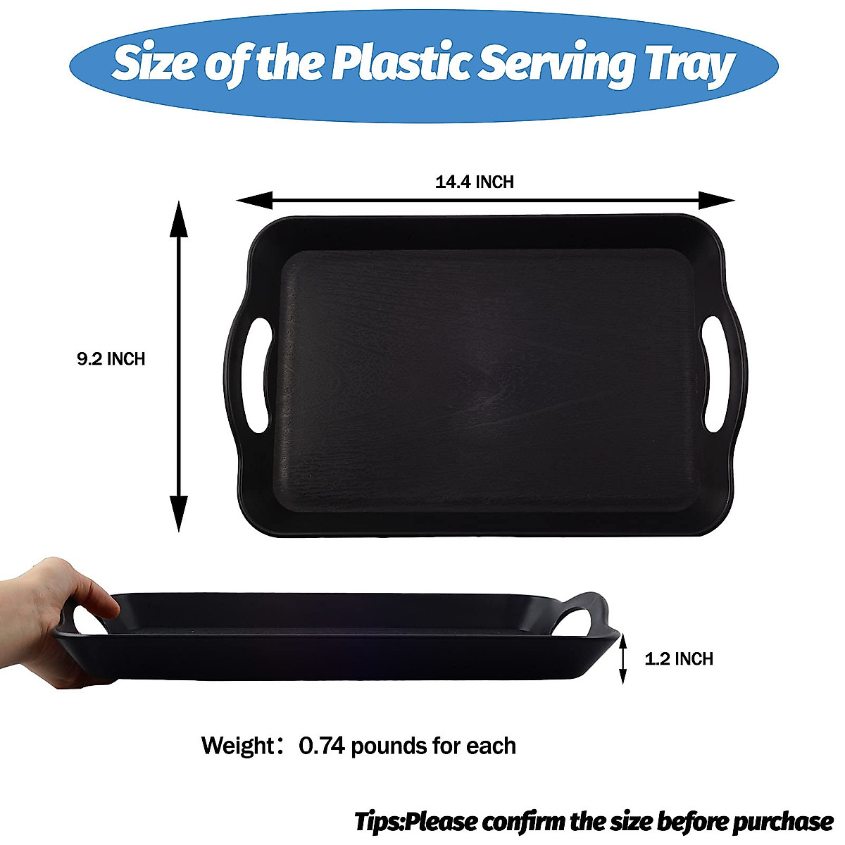 LEEHOWA 3 Pack 14 inches Plastic Tray with Handles Rectangle Serving Set, Multipurpose Waterproof, Non Slip Trays for Food, Parties, Coffee Table, Buffets, Breakfast(Black Wood Grain)