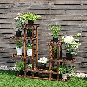 Giantex Flower Rack Wood Plant Stand 7 Wood Shelves 13 Pots Bonsai Display Shelf Indoor Outdoor Yard Garden Patio Balcony Living Room Multifunctional Storage Rack Bookshelf W/Hollow-Out Rack