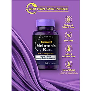 Melatonin 10mg | 120 Capsules | with Ashwagandha | Triple Strength Formula | Non-GMO, Gluten Free Supplement | by Carlyle