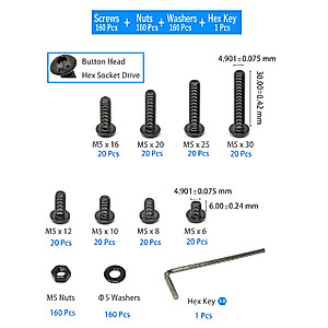 iexcell 480 Pcs M5 x 6/8/10/12/16/20/25/30 Alloy Steel 10.9 Grade Hex Socket Button Head Cap Screws Bolts Nuts Assortment Kit, Black Oxide Finish