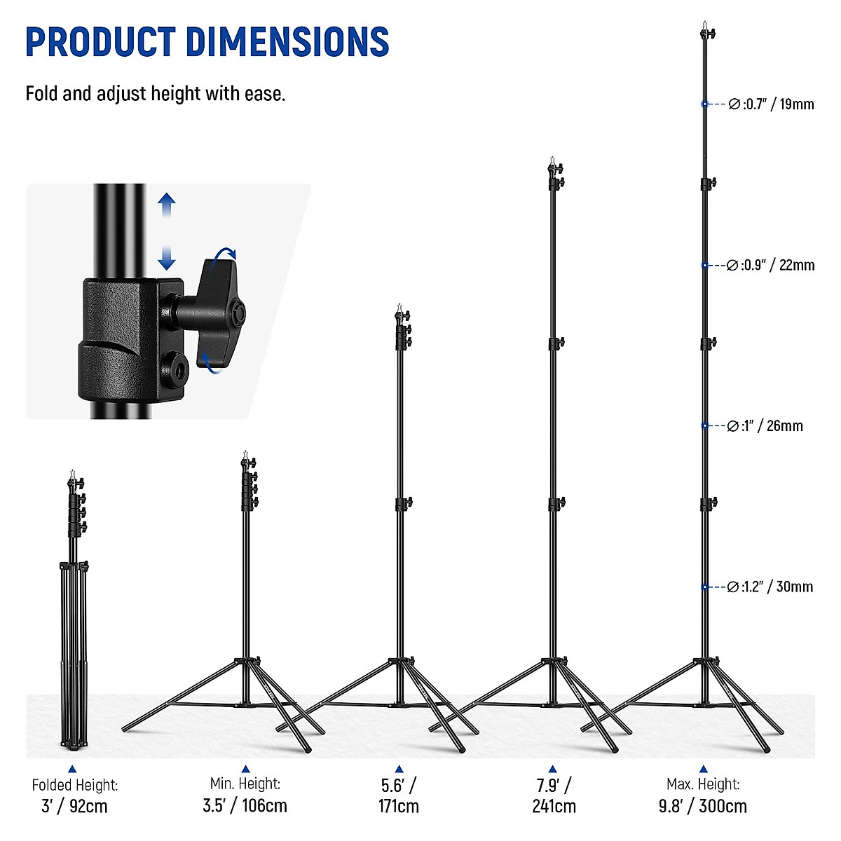 NEEWER 9.8ft/3m Air Cushioned Light Stand, Heavy Duty Metal Photography Tripod Stand with 1/4" to 3/8" Reversible Spigot, 3 Way Mounting Interface & Metal Locking Knobs, Max Load 5.5lb/2.5kg