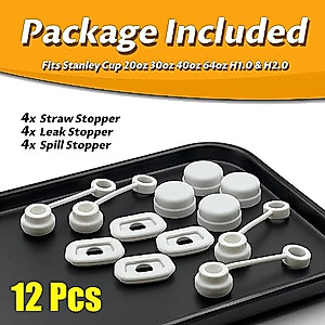 QHAND 12pcs Spill Stopper for Stanley Cup 40oz / 64oz / 30oz - Leak Stopper Compatible with Stanley Tumbler H1.0 & H2.0 40oz Stanley Straw Cover - 4 Sets Spill Proof Stopper (White)