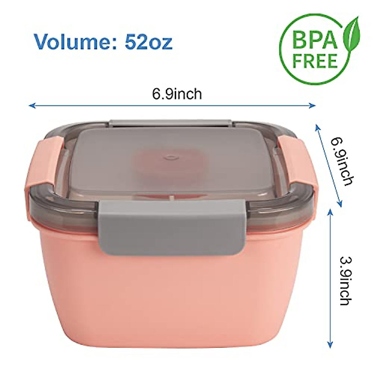 Freshmage Salad Lunch Container To Go, 52-oz Salad Bowls with 3 Compartments, Salad Dressings Container for Salad Toppings, Snacks, Men, Women (Pink)