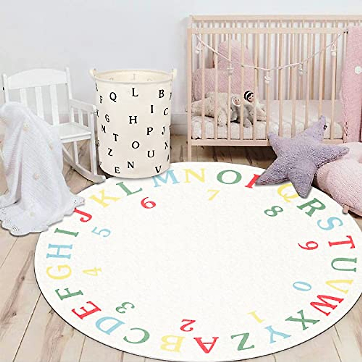 47" Colorful ABC Rug Kid Rug for Nursery Playroom Bedroom,4ft Circle Rugs with Storage Basket for Classroom,Round Baby Play Mat with Carpet Gripper (47inch,Rainbow)