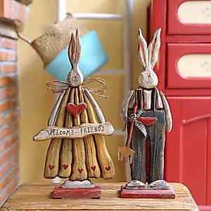 HANTURE 2pcs Easter Wood Bunny Tabletop Ornaments Farmhouse 15 Inch Cute Rabbit Couple Figuri Brownyellow