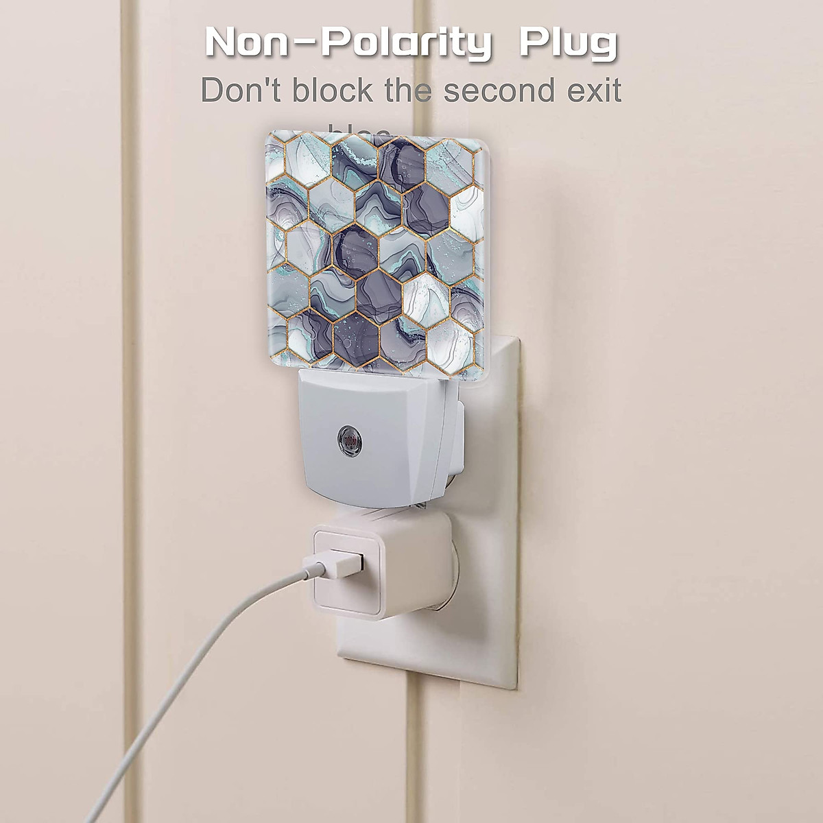 MSEAANBK Night Light Plug into Wall Hexagon Golden Blue Marble Night Light with Dusk to Dawn Sensor Night Light for Kid Girls Boys Women Men Room Decor, Hallway, Kitchen, Bathroom, Nursery, Stairs