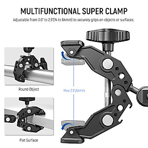 NEEWER Super Clamp with 3" Dual Ballhead Magic Arm, Cold Shoe, 1/4" Threads, Phone/Action Camera Mount Adapter for Desk Tripod Tube Crossbar Gimbal Rods Compatible with SmallRig GoPro DJI, ST83