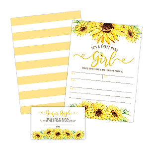 Your Main Event Prints Sunflower Girl Baby Shower Invitations, Yellow Floral Baby Shower Invites with 20 Invitations, with diaper raffles.