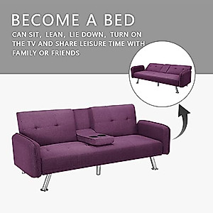 DKLGG Futon Sofa Bed Convertible Sofa Couch, Modern Loveseat Sleeper Futon Couch with 2 Cup Holders, Convertible Folding Sofa Bed Small Couch for Living Room, Bedroom, Apartment or Dorm(Purple)
