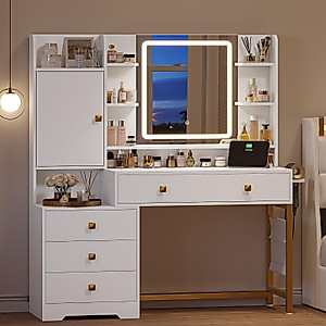 DICTAC Vanity Desk with LED Lighted Mirror & Power Outlet Makeup Vanity Table with 4 Drawers & Nightstand & Storage Shelves&Jewelry Cabinet,3 Color Modes,Dressing Table for Bedroom Dressing Room,White