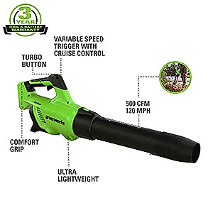 Greenworks 40V 14" Cordless Electric Lawn Mower, Leaf Blower (120 MPH / 500 CFM), String Trimmer, 4.0Ah Battery and Charger