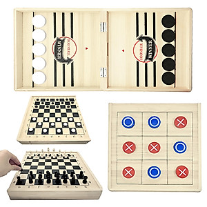 4 in 1 Board Game, Include Fast Hockey Table Game, Tic Tac Toe, Checkers Game,Slingshot Chess,Set for All Age