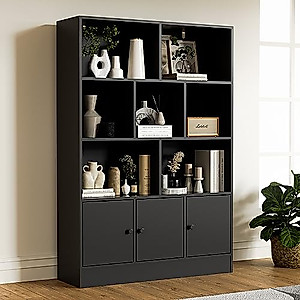 Anystyle Black 10 Cube Bookshelf, 4-Tier Bookcase Storage Cabinet with 3 Doors for Bedroom, Living Room