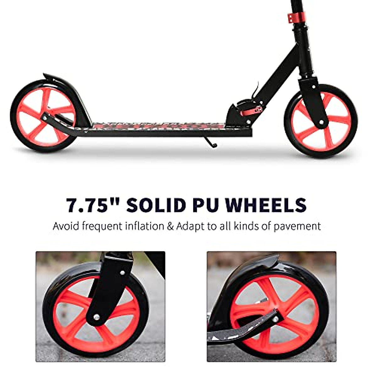 Soozier Folding Kick Scooter for 12 Years and Up for Adults and Teens, Push Scooter with Height Adjustable Handlebar, Big Wheels and Rear Wheel Brake