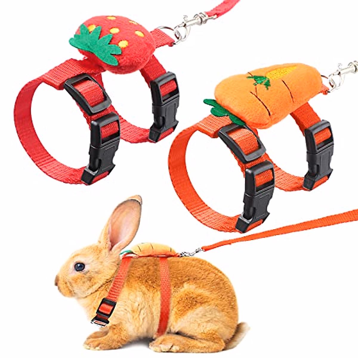 2 Pack Adjustable Rabbit Harness and Leash Bunny Harness Leash Set Harness Leash for Rabbit Kitten Puppy Pig and Small Pet Animals (Carrot, Strawberry)