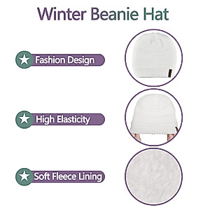 Women Beanie Hat Gloves and Scarf Set Winter Warm Knit Cap Thick Fleece Lined Neck Warmer White Snow Ski Cold Weather, Gorras Gorros Guantes Bufandas de Invierno para Mujer, Gift for Mom