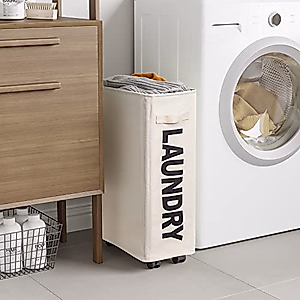 Chrislley 45L Slim Laundry Hamper with Wheels Narrow Rolling Laundry Basket Foldable Dirty Clothes Portable Skinny Hamper Organizer Storage Bins (23.2 inches, Beige 3)