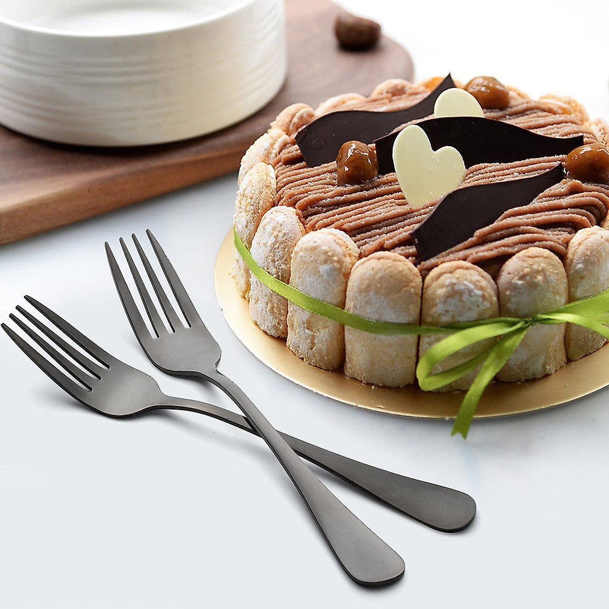 LIANYU Black Salad Forks Set of 12, Stainless Steel Silverware Flatware Forks, Appetizer Dessert Forks for Home Restaurant Wedding Party, Mirror Finish, Dishwasher Safe