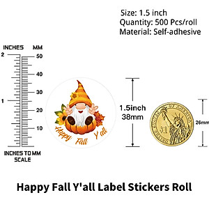 Happy Fall Y'all Label Stickers Roll, 1.5 inch 500 Pcs Thanksgiving Autumn Gnome Floral Leaves Harvest Party Stickers，Thank You Stickers for Envelope Seals Party Gift Favors Box Cards Decorations