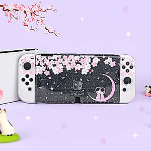 BelugaDesign Sakura Cat Glitter Case | Moon Heart Pink Cherry Blossom Japanese Anime Shell | Compatible with Nintendo Switch OLED | Dockable Crystal Protective Cover (Switch OLED, Clear Pink)