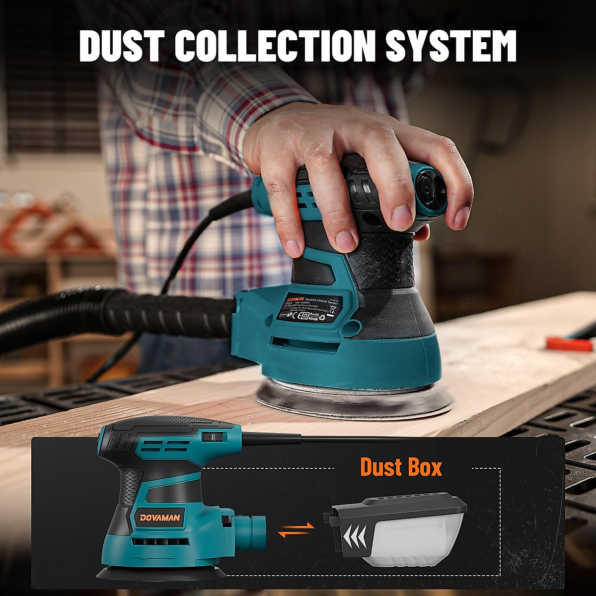 DOVAMAN ROS01A Orbital Sander, 3A Random Orbit Sander, 6 Variable Speeds, Up to 13000 rpm, 12pcs Sandpapers, 5in Sanding Pad, Dust Collection, Electric Sander Perfect for Woodworking