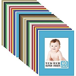 60 Pack Picture Mats 11 x 14 Inch Frame Mattes Matting with Acid Free Pre Cut Mattes White Core Bevel Cut Mats for 8 x 10 Pictures for Home Gallery Wall Hanging Art Decoration (Mixed Colors)
