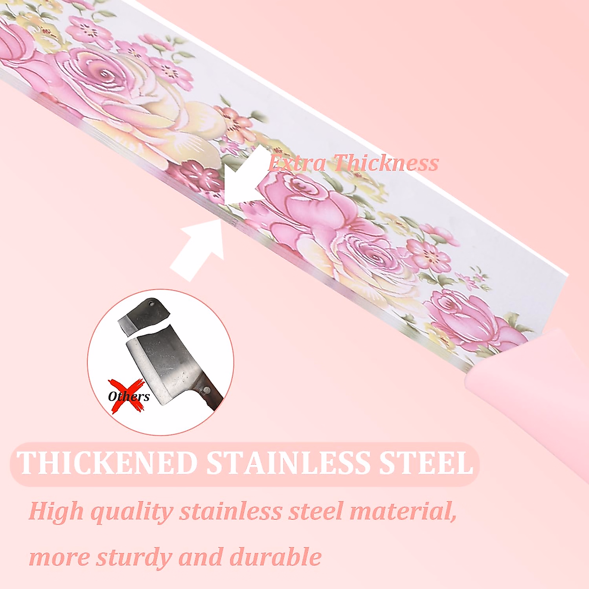 VSIAISV Kitchen Knife Set, Pink Flower 7-pieces Stainless Steel Sharp Chef Cooking Non-slip Knife Set with Acrylic Stand & Block, Non-stick Colorful Coating for Women and family (Pink)