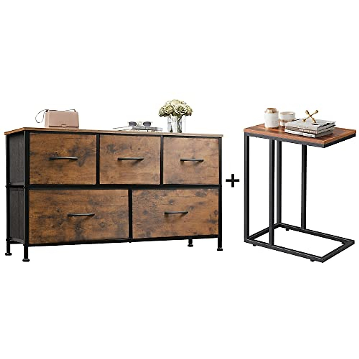 WLIVE 5 Drawer Dresser & C Side Table Set, Rustic Brown