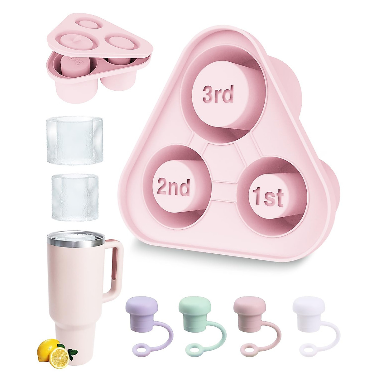 Ice Cube Tray for Stanley 40Oz Tumbler Cup, Silicone Cylinder Ice Cube Shape Mold with Lid and 4 PCS Straw Covers,Fit for Ice Drinks, Tea, Coffee,Whiskey, Cocktails And More (Rose Quartz Pink)