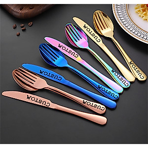 OBTIAN Stainless Steel Customized Flatware Set,Engraving Name Knife Forks Spoon,Personalized names will be engraved on your tableware, Customized Birthday Christmas Gift Gold