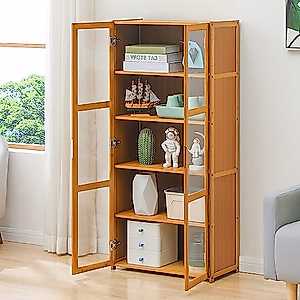 Magshion Bamboo 5-Tier Shelf Living Room Storage Tall Bookcase Cabinet with Clear Doors, Brown 23.5" L x 11.9" W x 50" H Home Office Multipurpose Tower Media Organizer Bookshelf