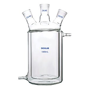 DONLAB CFL-1000 Glass 1000ml/1L 3-Neck Double Layer Flat Bottom Reaction Flask Jacketed Reactor, with Three 24/40 Ground Glass Joints