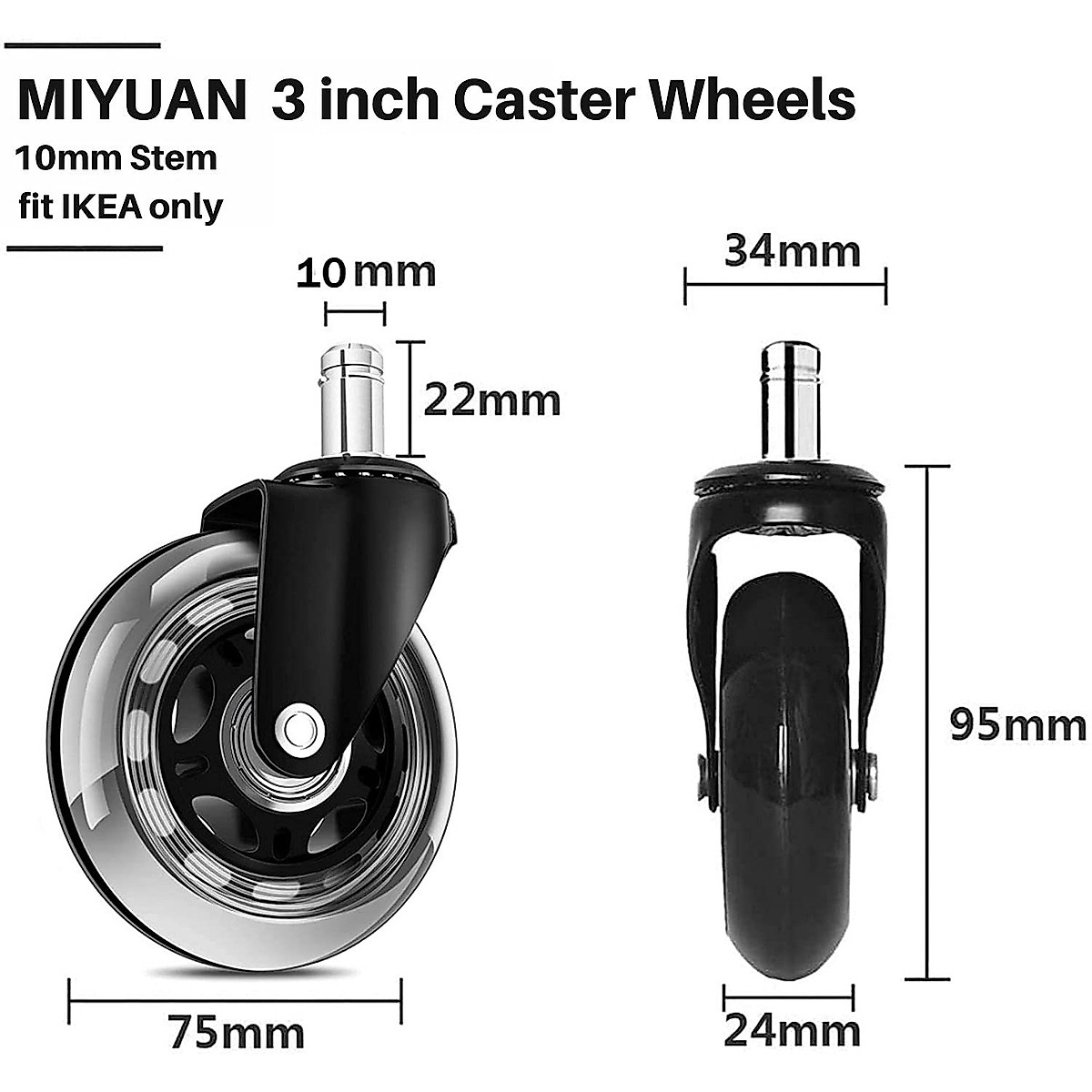 Office Chair Wheels for IKEA Chairs,10mm stem Caster, 3 Inch Heavy Duty Replacement Rubber Chair Casters, Quiet & Smooth Rolling for IKEA Casters, Protection for Hardwood Floors or Carpet
