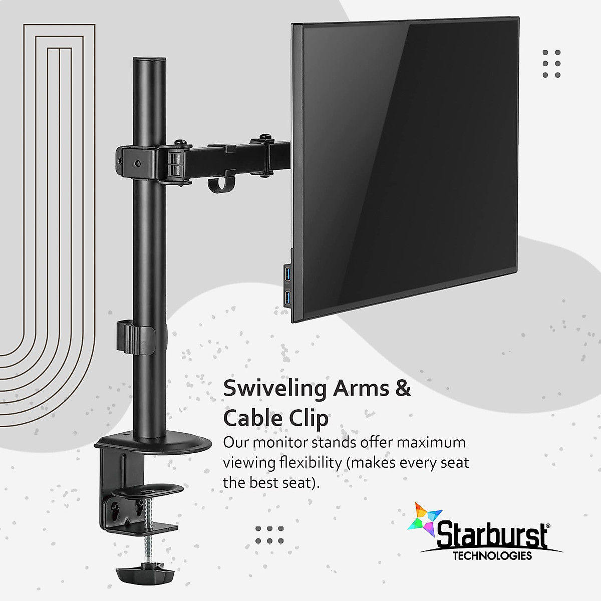 Starburst Technologies Flexion Series Desk Mount Monitor Stand, Heavy Duty Fully Adjustable Stand for LED-LCD Monitor up to 27" w/Grommet Desk Mount, Single-Monitor Steel Articulating Monitor Mount