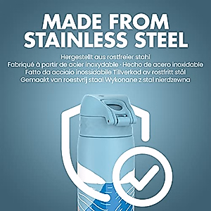 Ion8 Steel Water Bottle, 600 ml/20 oz, Leak Proof, Easy to Open, Secure Lock, Dishwasher Safe, Flip Cover, Fits Cup Holders, Carry Handle, Durable, Scratch Resistant, Raised Print, Blue, Whale Design