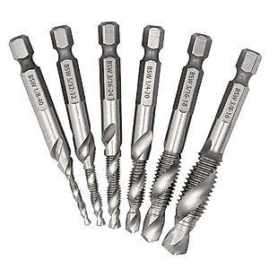 Saiper 6pcs Drill Tap Combination Bit Set (1/8''-3/8'') with 1/4" Hex Shank, HSS 4341 Drill Tap Countersink Screw Thread Bits