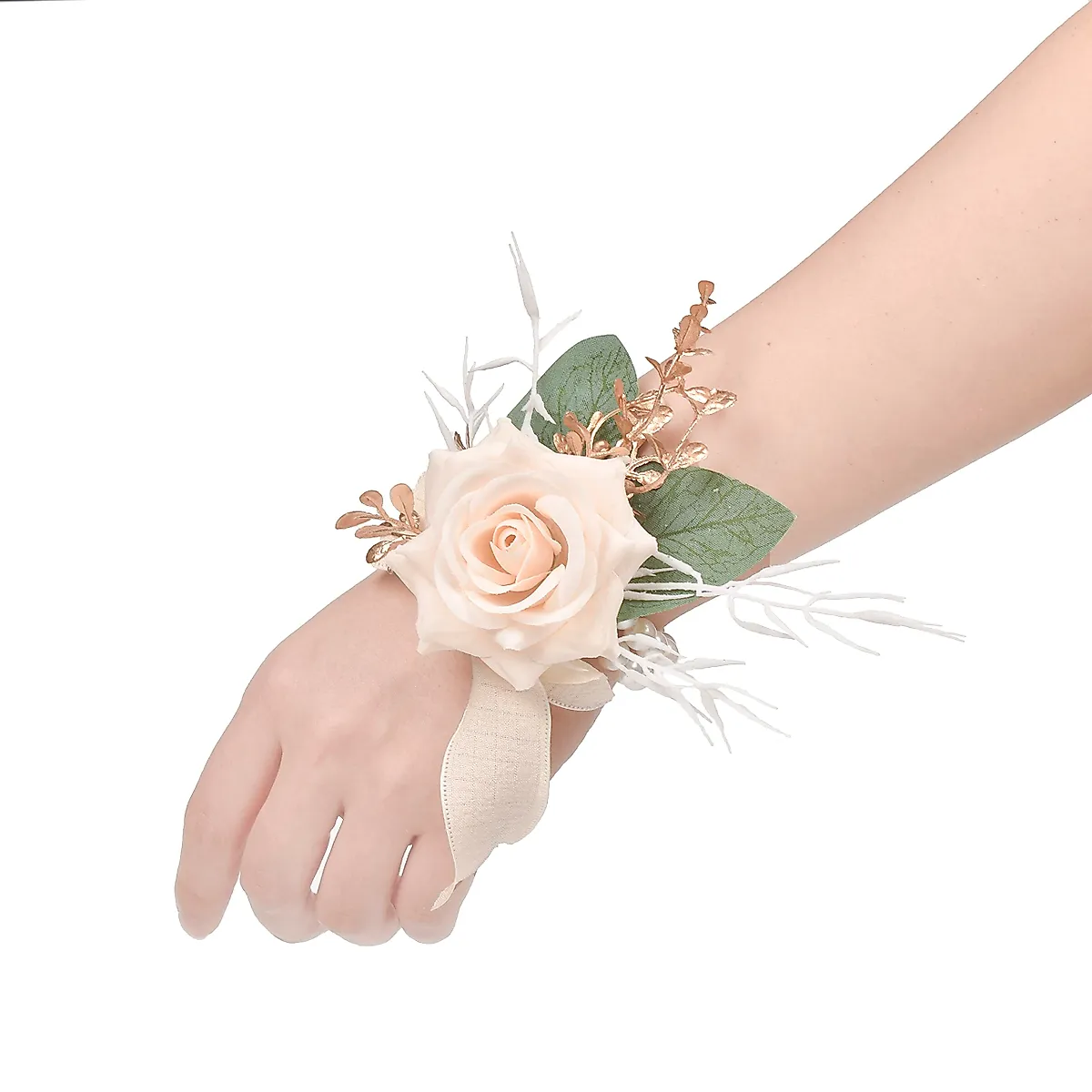 YSUCAU Champagne Rose Wrist Corsage Wristlet Band Bracelet and Men Boutonniere Set for Wedding, Artificial Flower Wrist Corsage Bracelets for Fall Wedding Homecoming Prom Suit Decorations