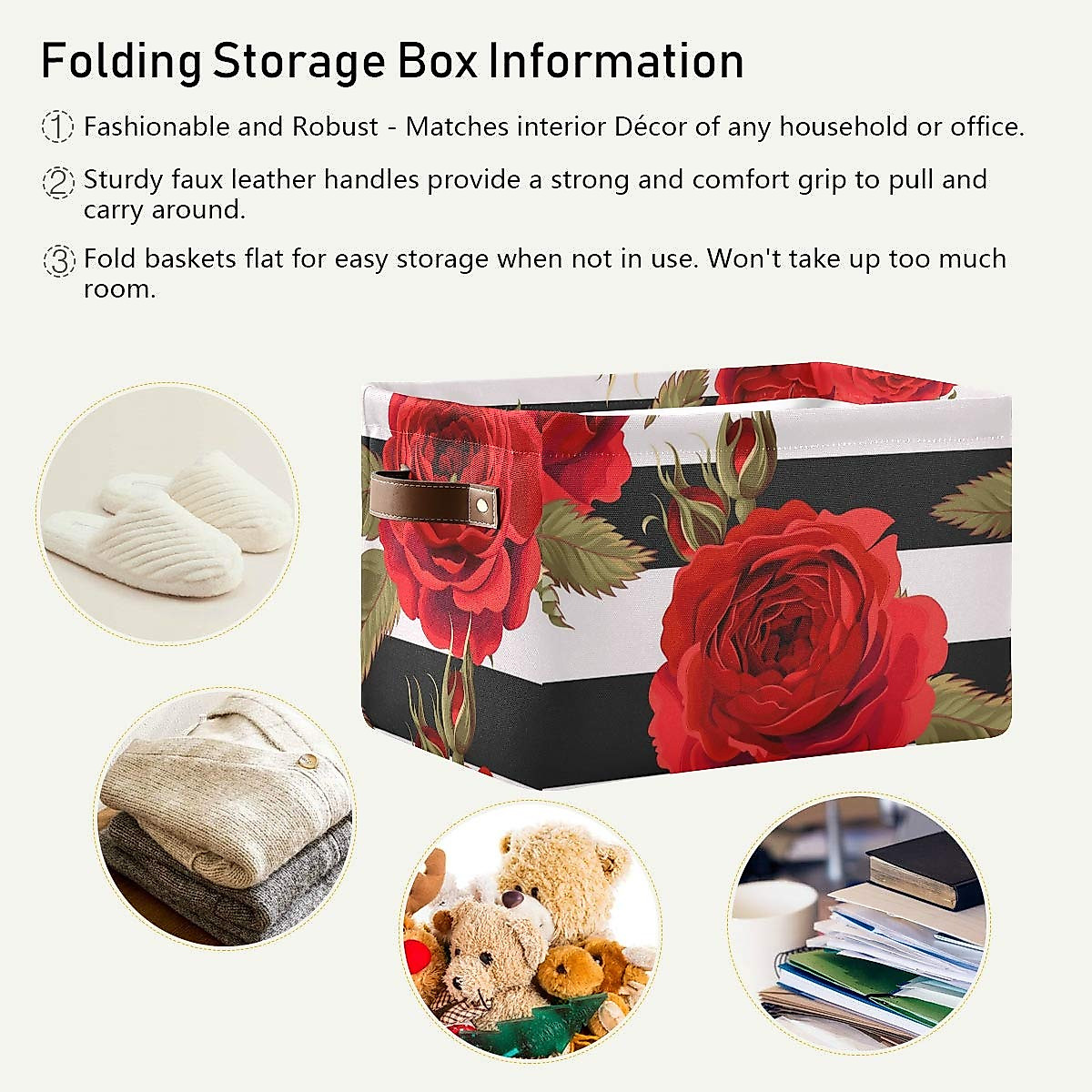 AUUXVA Red Rose Floral Flower Storage Basket Collapsible Cloth Storage Cube Basket Bins Organizer with Handles Rectangular Large Toys Shelf Closet for Nursery Bedroom Home Office