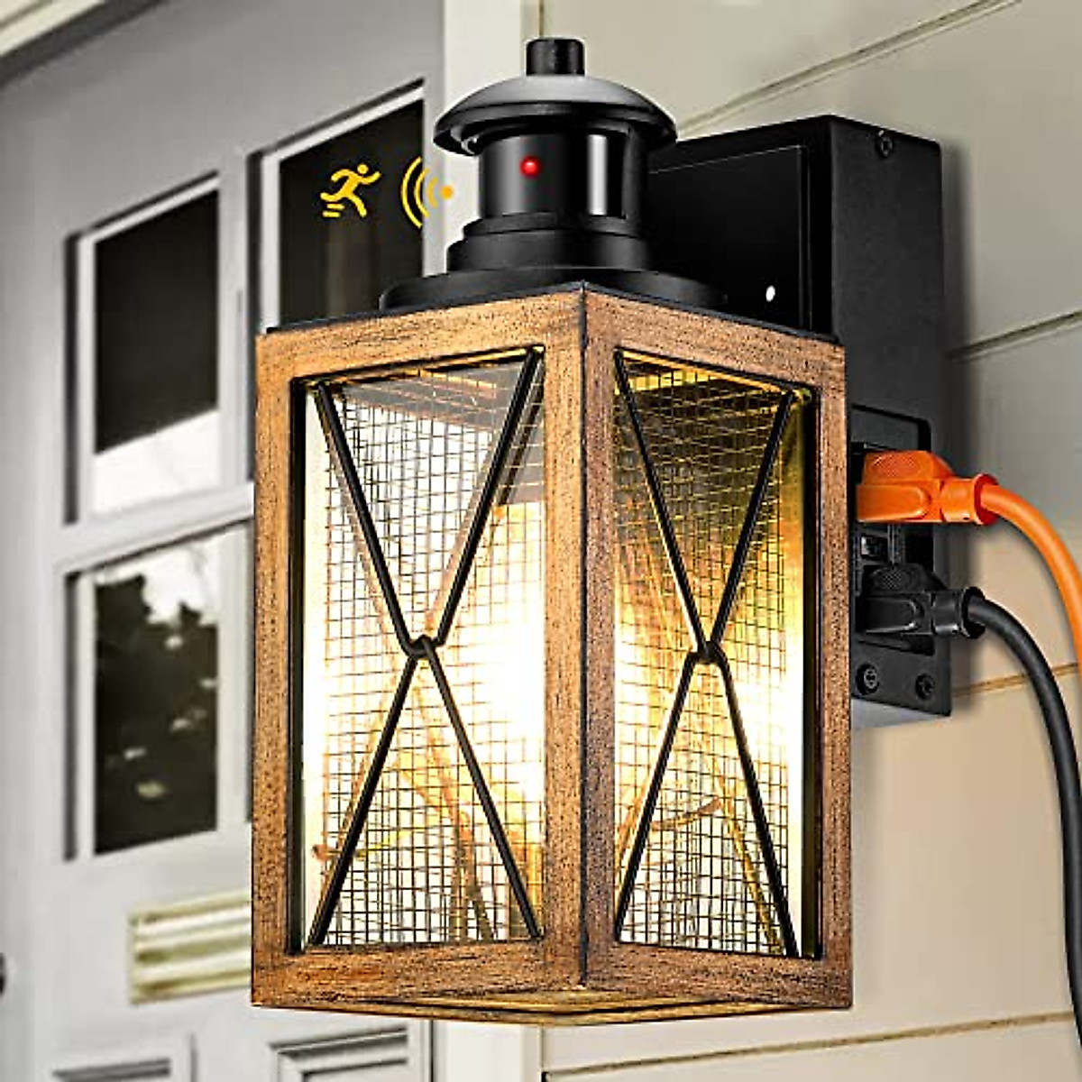 HIHUOS Porch Lights with Outlet : Motion Sensor Outdoor Light with Outlet Built in, Exterior Light Fixture Wall Mount, Anti-Rust Dusk to Dawn Wall Sconce - Outside Light for House Garage Front Patio