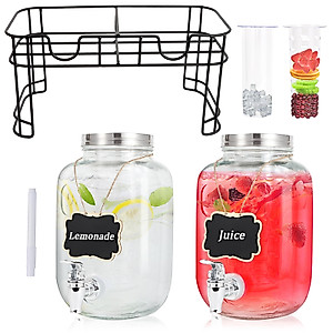 1 Gallon Glass Drink Dispensers For Parties-Set of 2,Drink Dispenser with Ice Core,Fruit Infuser & Stand,Juice or Beverage Dispenser for BBQ, Picnic, Party,Laundry Detergent Dispenser