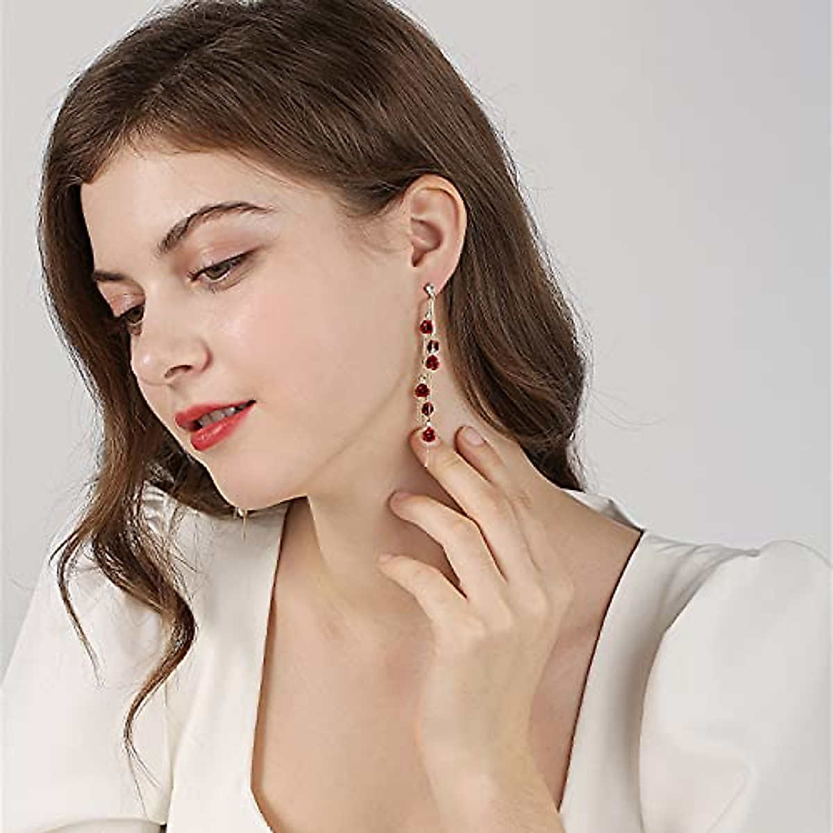 ANDPAI Unique Chic Long Tassel Chain Red Purple Rose Flower Dangle Drop Stud Earrings with White Sparkly Crystal for Women Statement Jewelry Gifts (Red)