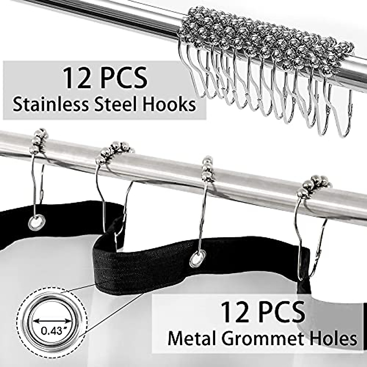 Black Shower Curtain with Snap in Liner Set, Polyester Shower Curtains for Bathroom,Waterproof Shower Curtain with 12 Hooks, Machine Washable, Heavyweight Fabric & Mesh Top Window 72 X 72 Inches